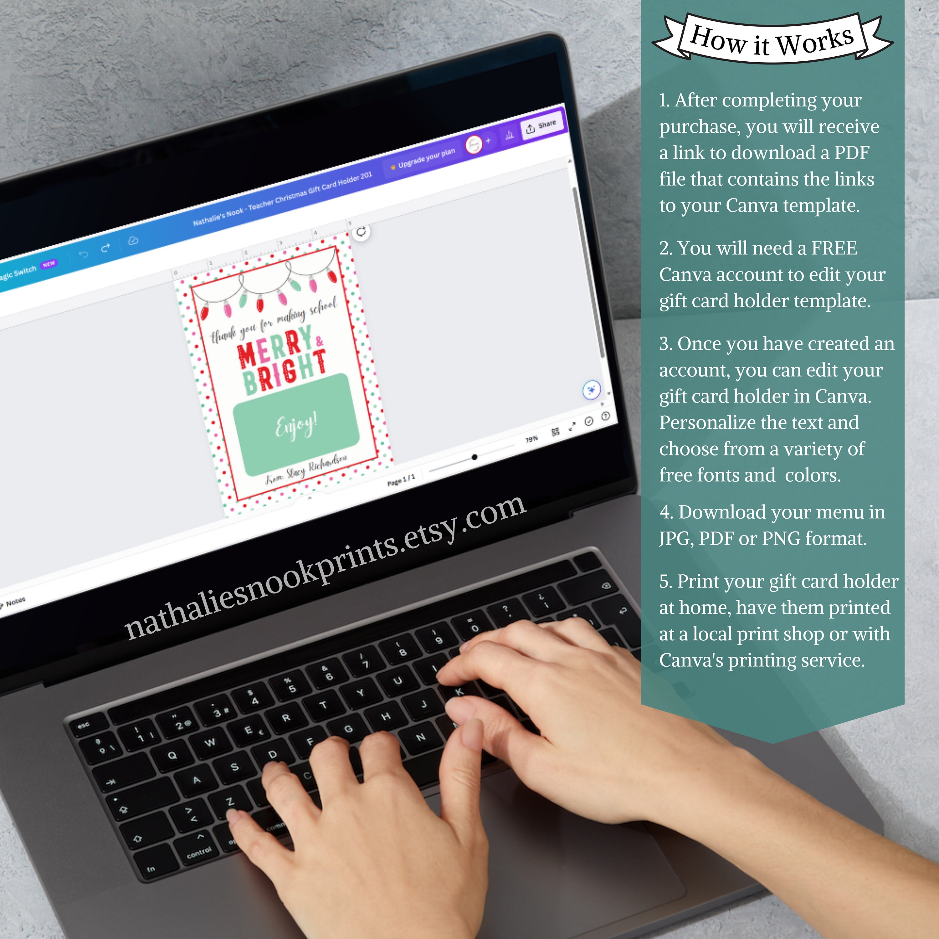 Teacher Christmas Gift Card Holder Editable, Printable Holiday ...