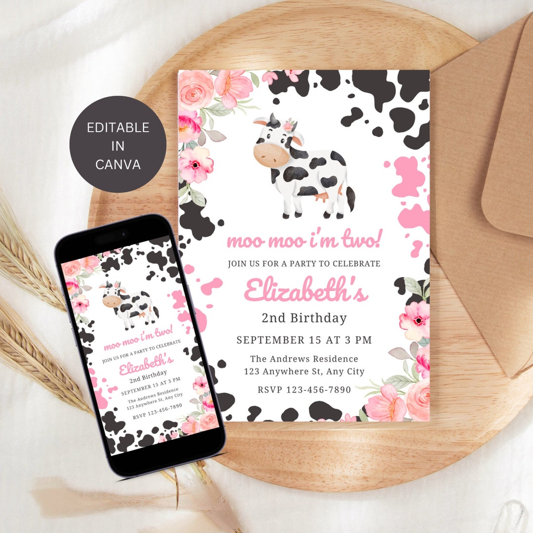 Moo Moo Im Two Invitation Birthday Party Editable, Printable Girl I'm 2 ...