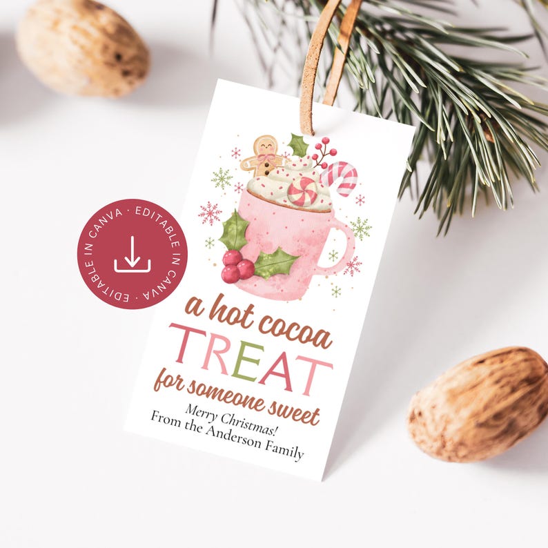 Hot Cocoa Christmas Gift Tag Printable, Editable Pink Hot Chocolate ...