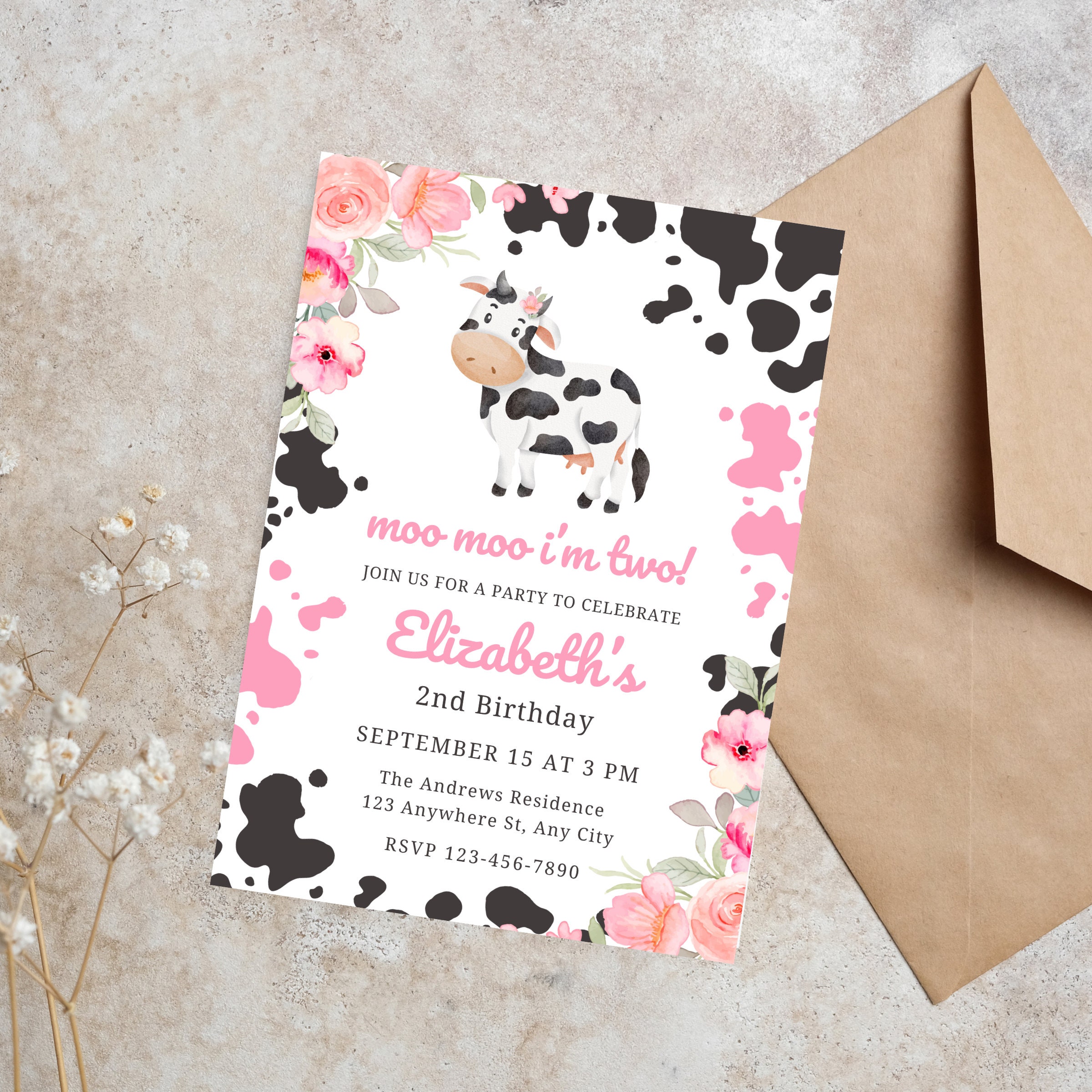 Moo Moo Im Two Invitation Birthday Party Editable, Printable Girl I'm 2 ...