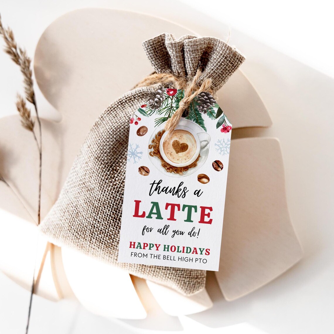 Thanks a Latte Christmas Coffee Tag Editable, Teacher Holiday Gift ...