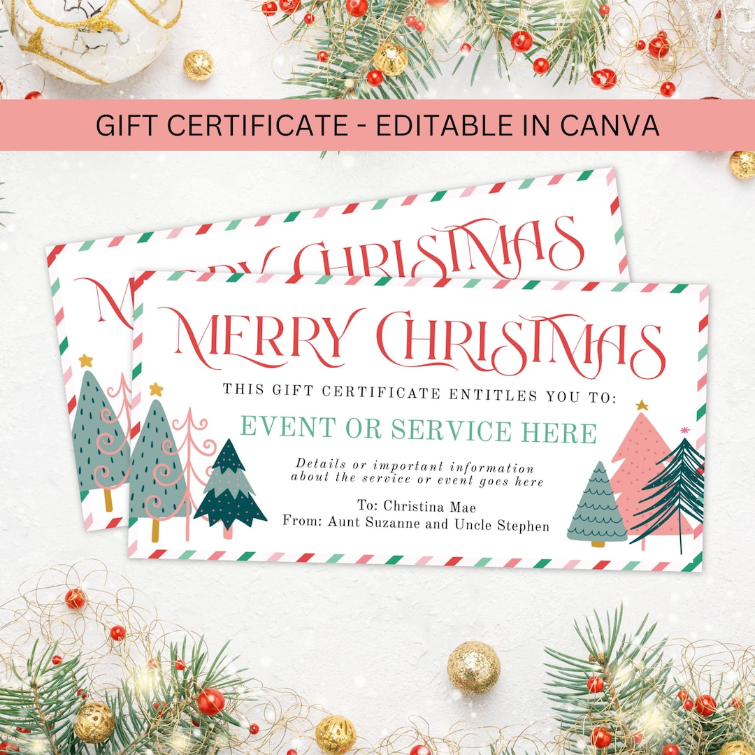 Printable Christmas Gift Certificate Editable Template, Holiday ...