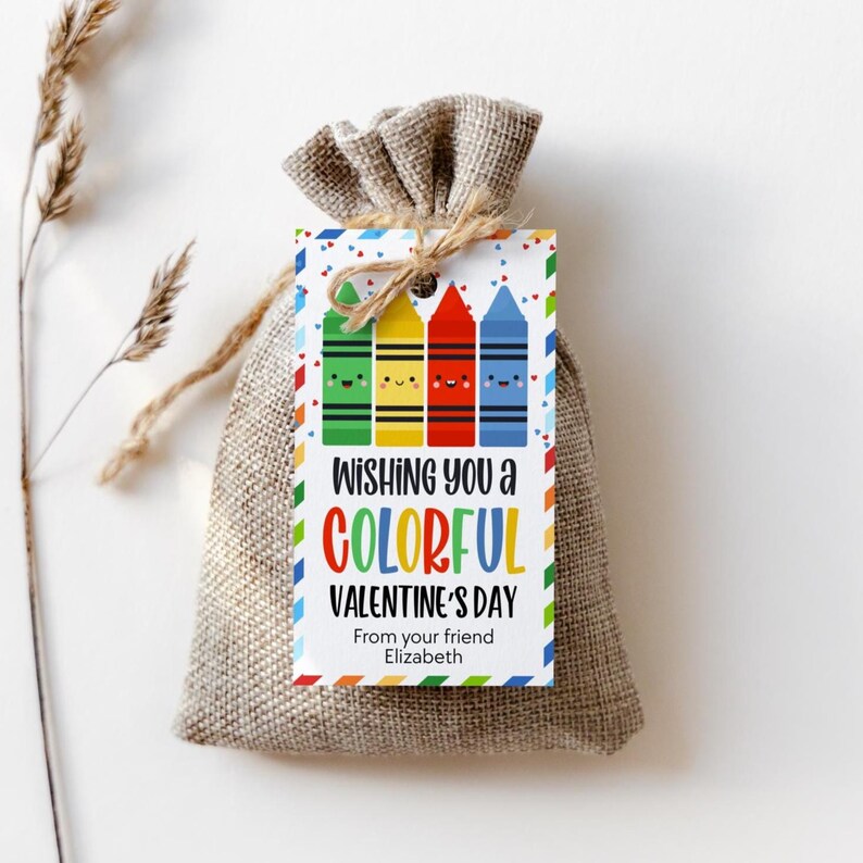 Valentine's Day Crayon Gift Tag Editable, Colorful Daycare Prek Student ...