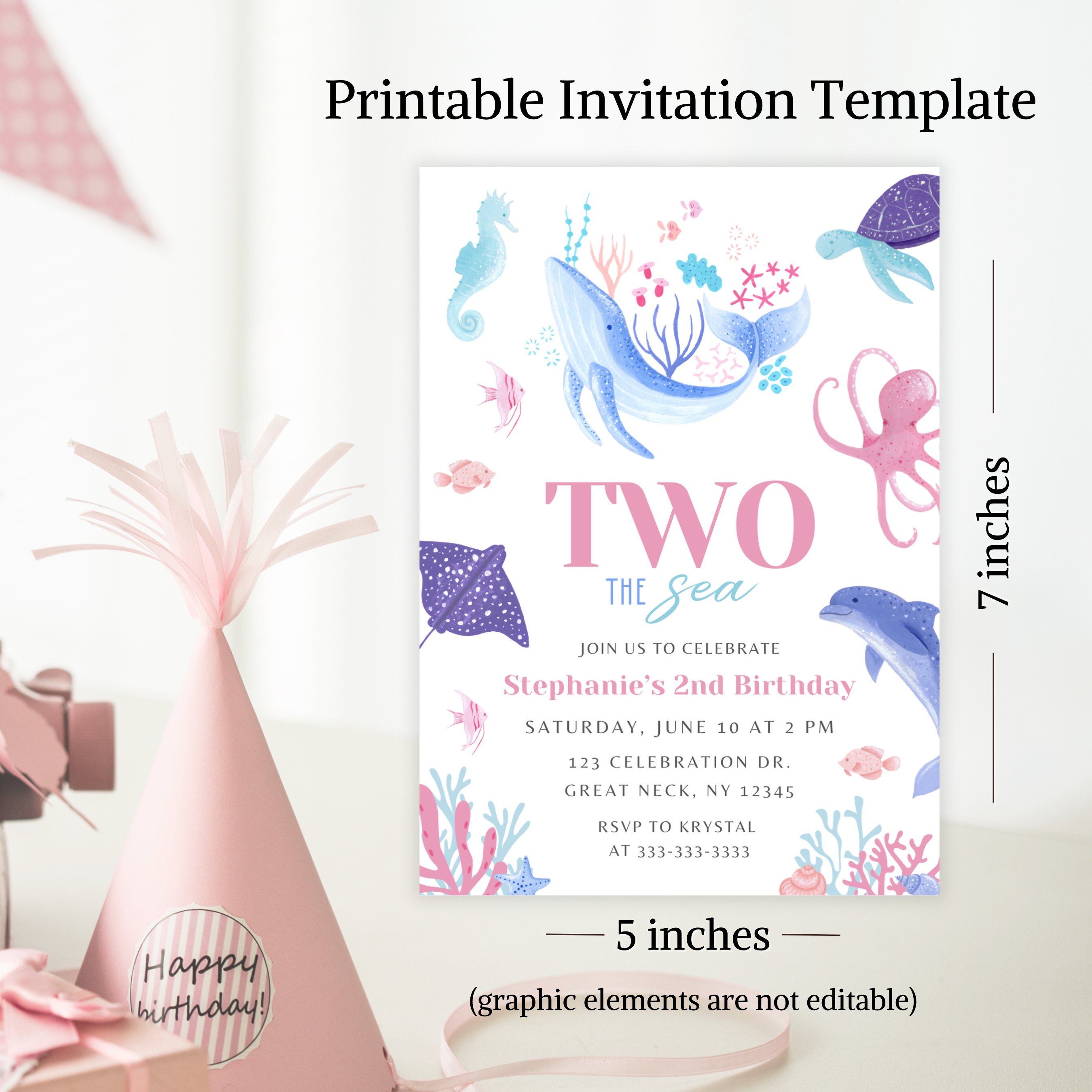 Two the Sea Birthday Invitation, Under Ocean Animals Theme Girl Second ...