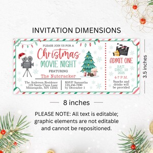 Printable Christmas Movie Night Ticket Invitation, Holiday Family Movie ...