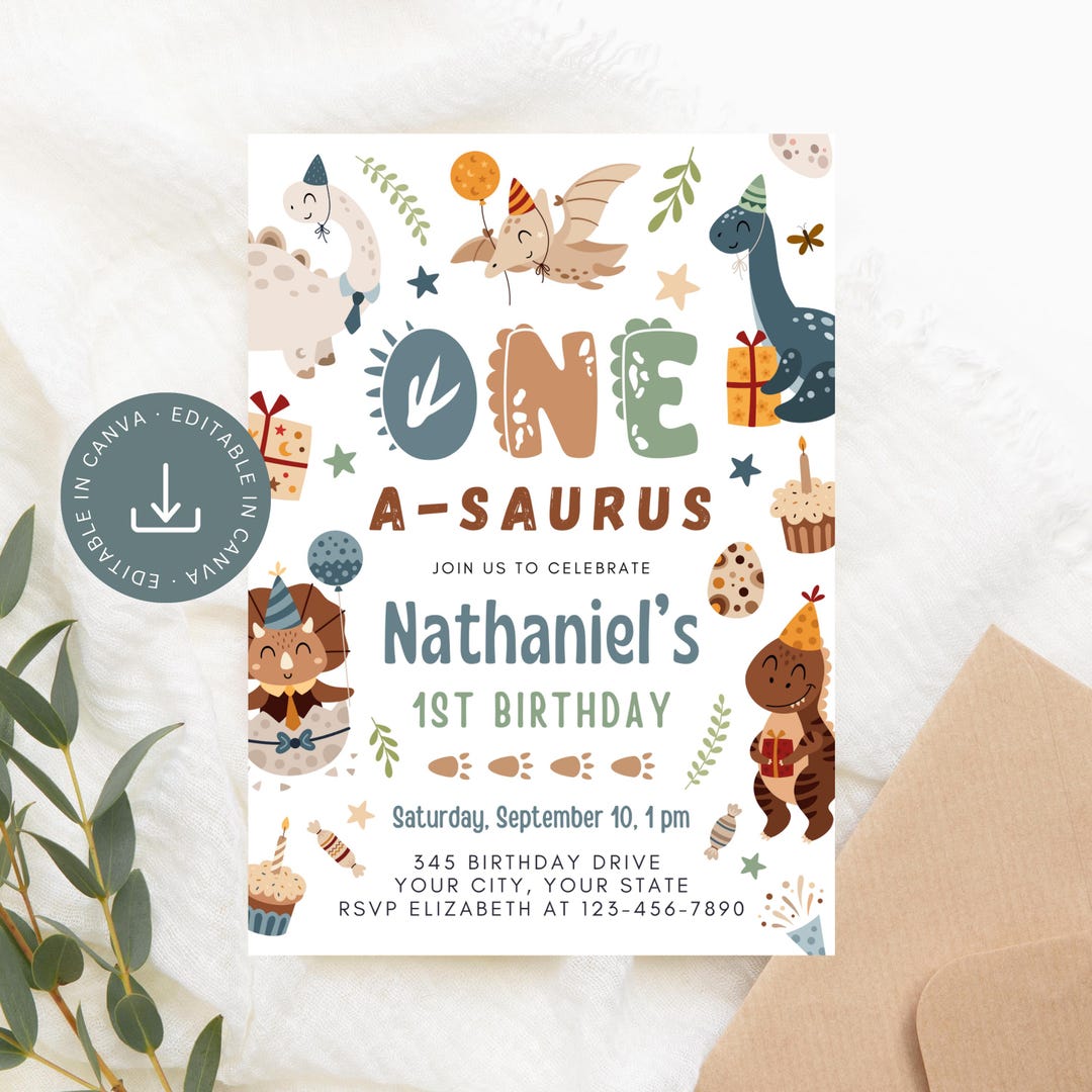 Oneasaurus Birthday Invitation, One A Saurus Boy Dino First Birthday ...
