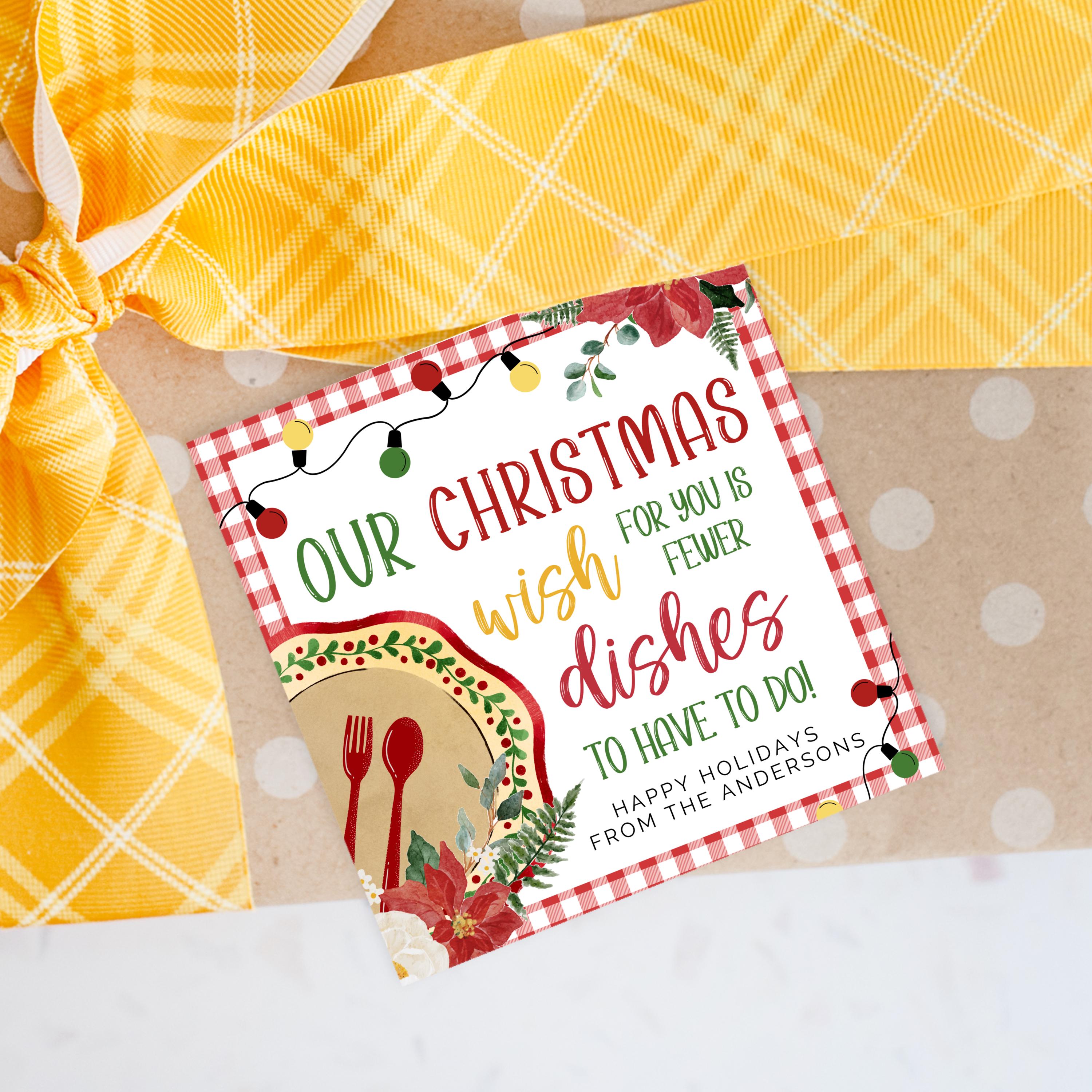 Christmas Paper Dishes Gift Tag Editable, Fewer Dishes Holiday Teacher ...