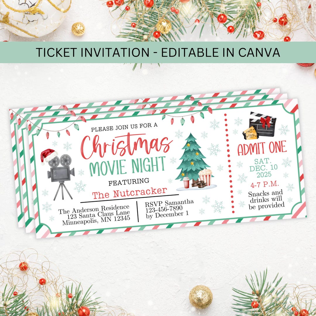 Printable Christmas Movie Night Ticket Invitation, Holiday Family Movie ...