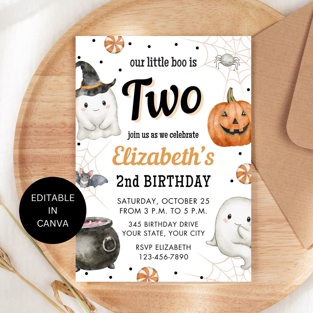 Halloween Second Birthday Girl Party Invitation Editable, Little Boo ...