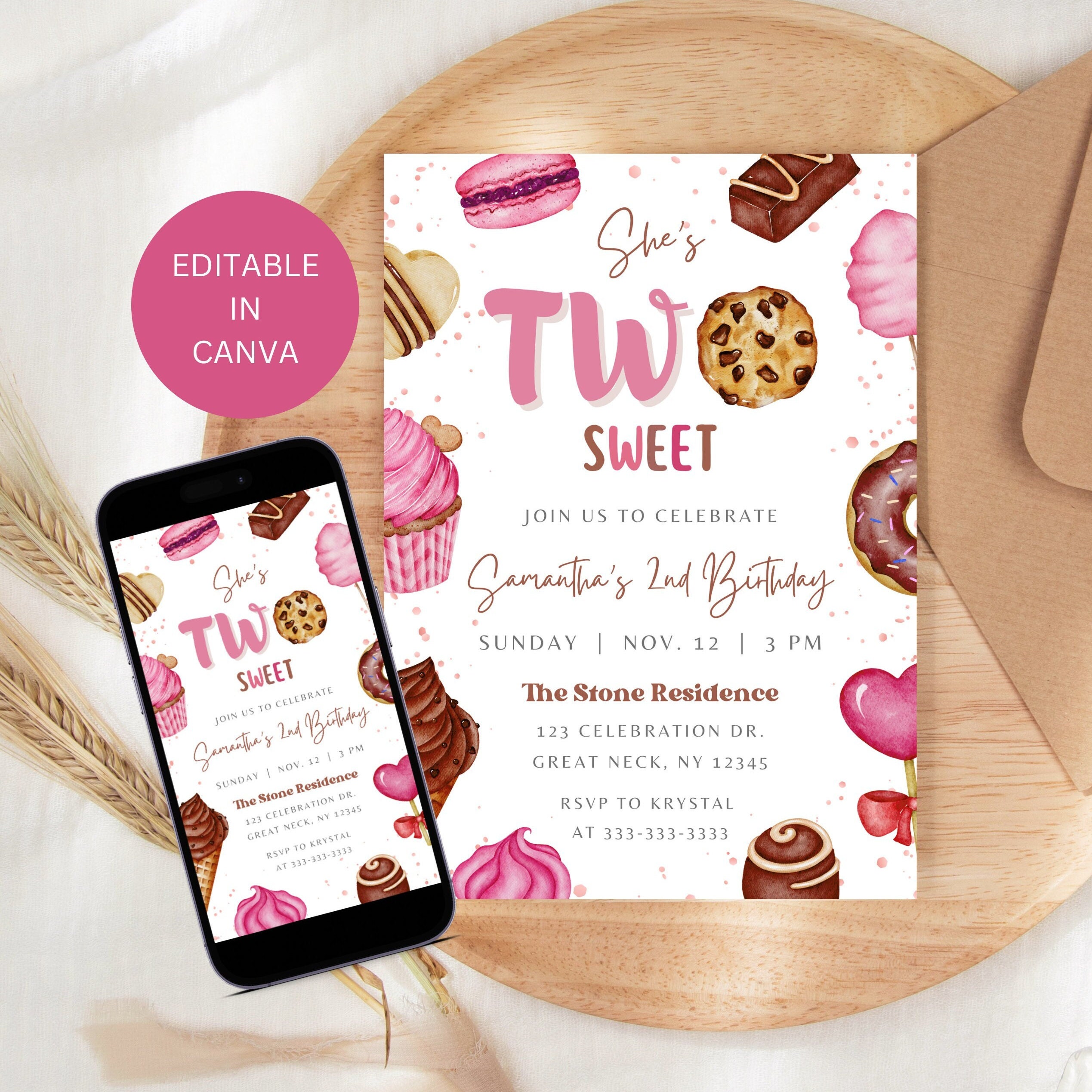 Two Sweet Birthday Party Invitation Editable, Evite Two Sweet, Pink ...