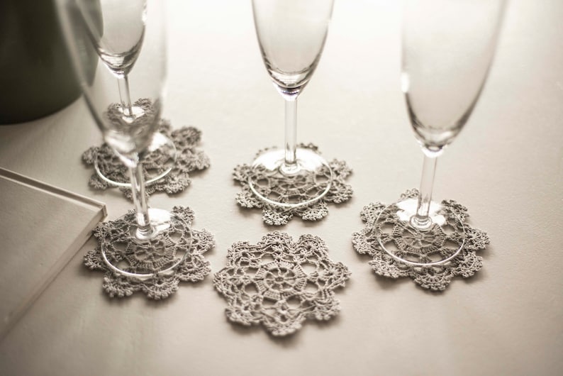 5 Crochet Cup Mat Doily Snowflake Round Doilies Small Doily Cottage ...