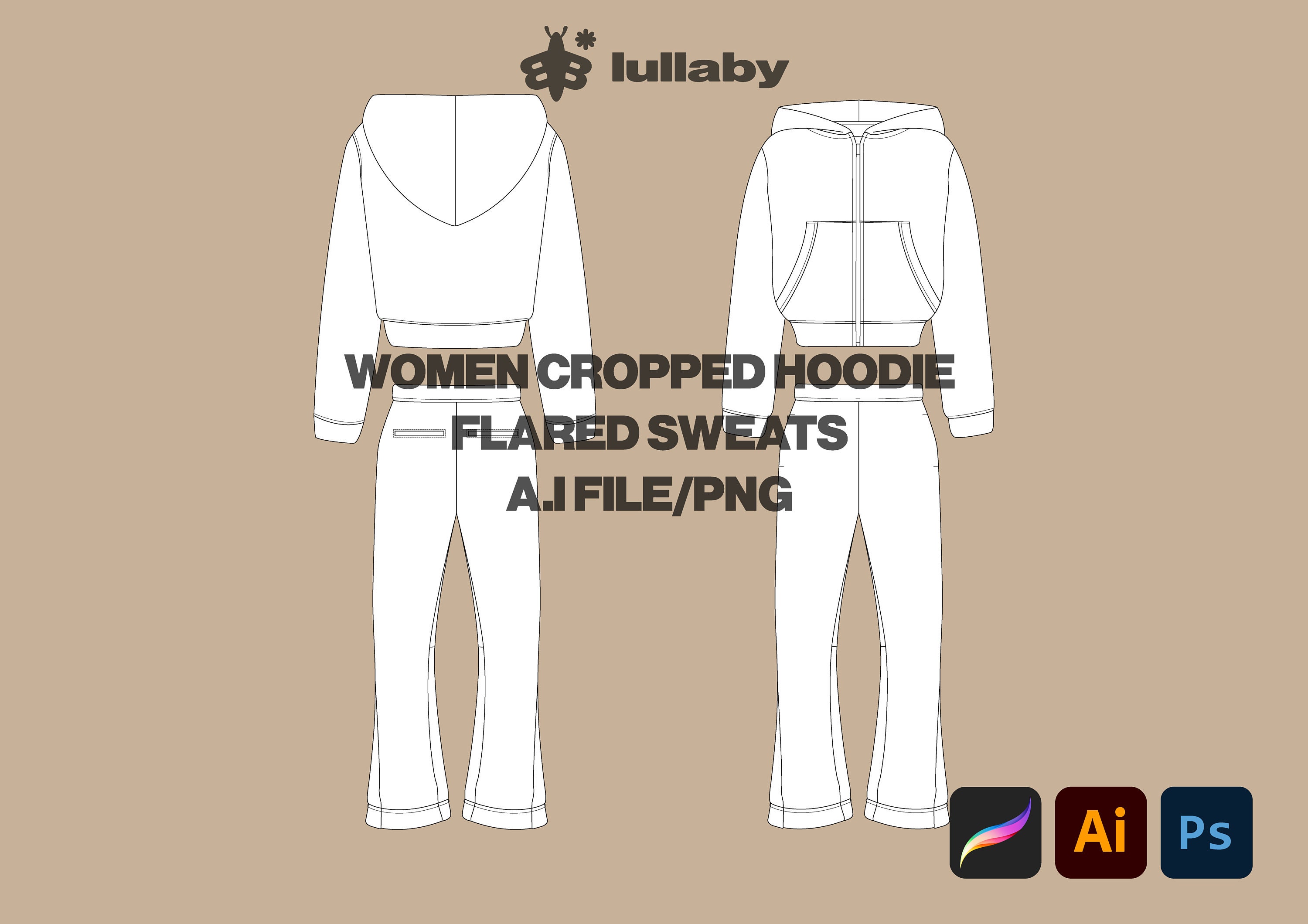 Women Cropped Hoodie Template Tracksuit Mockup Flared Sweats Vector ...