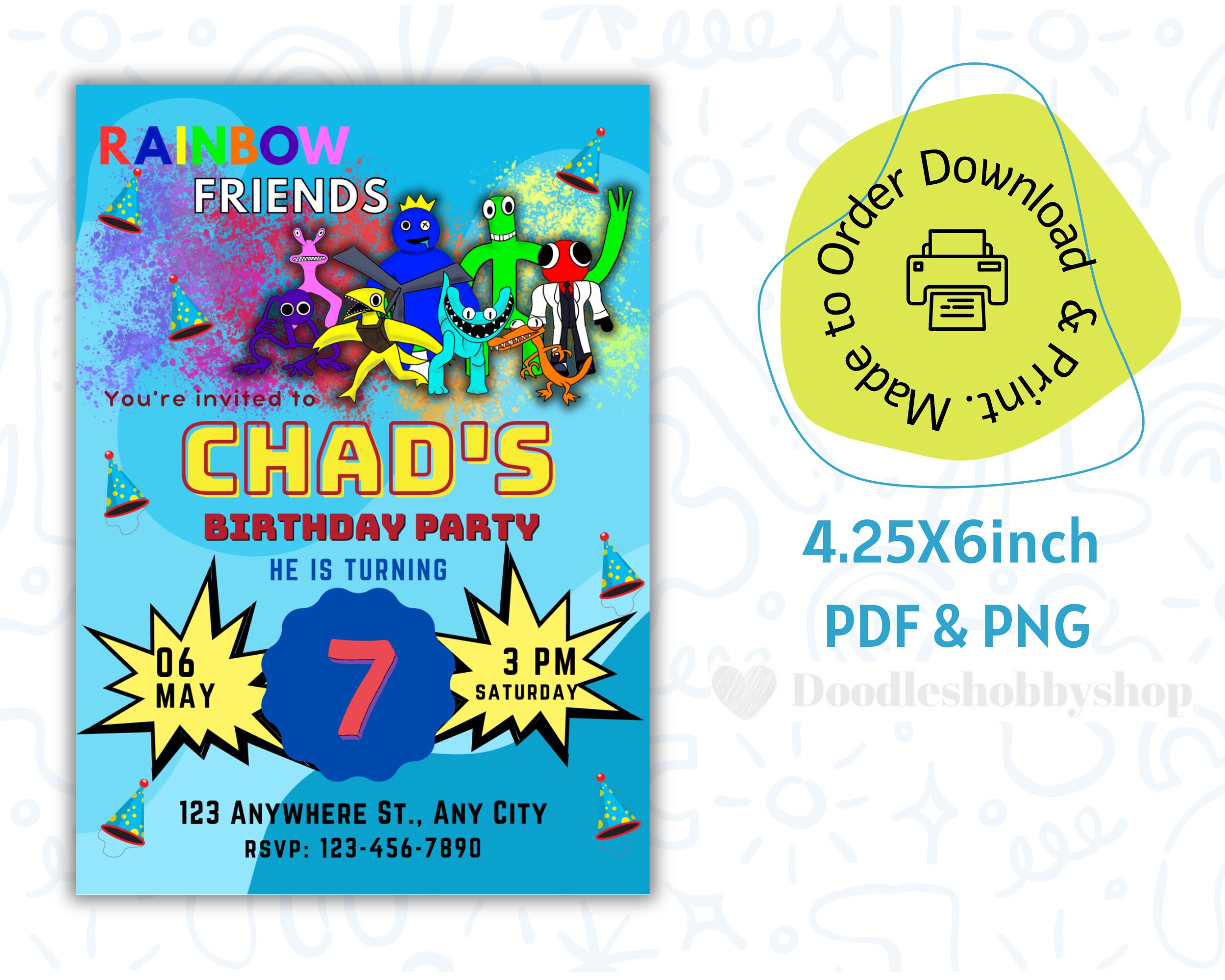 Rainbow Friends Roblox Birthday Invitation 4.25x6in, Digital Party ...