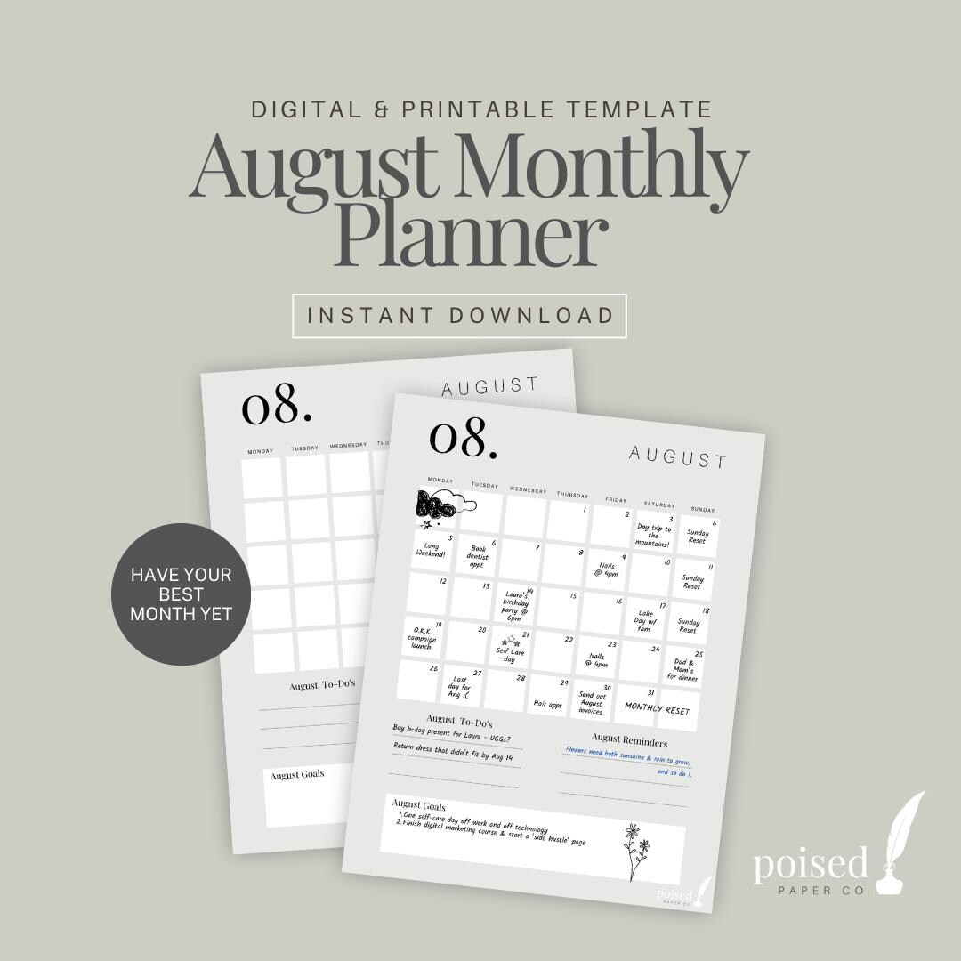 AUGUST Digital Planner Monthly Template | Minimalist Design | Printable ...