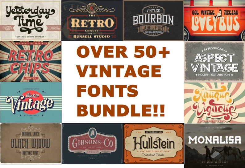 50 Vintage Retro Fonts Bundle - Etsy