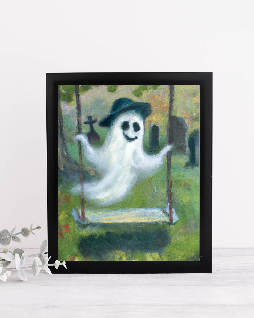 Funky Ghost on a Graveyard Swing Art Print, Halloween Indoor Decoration ...