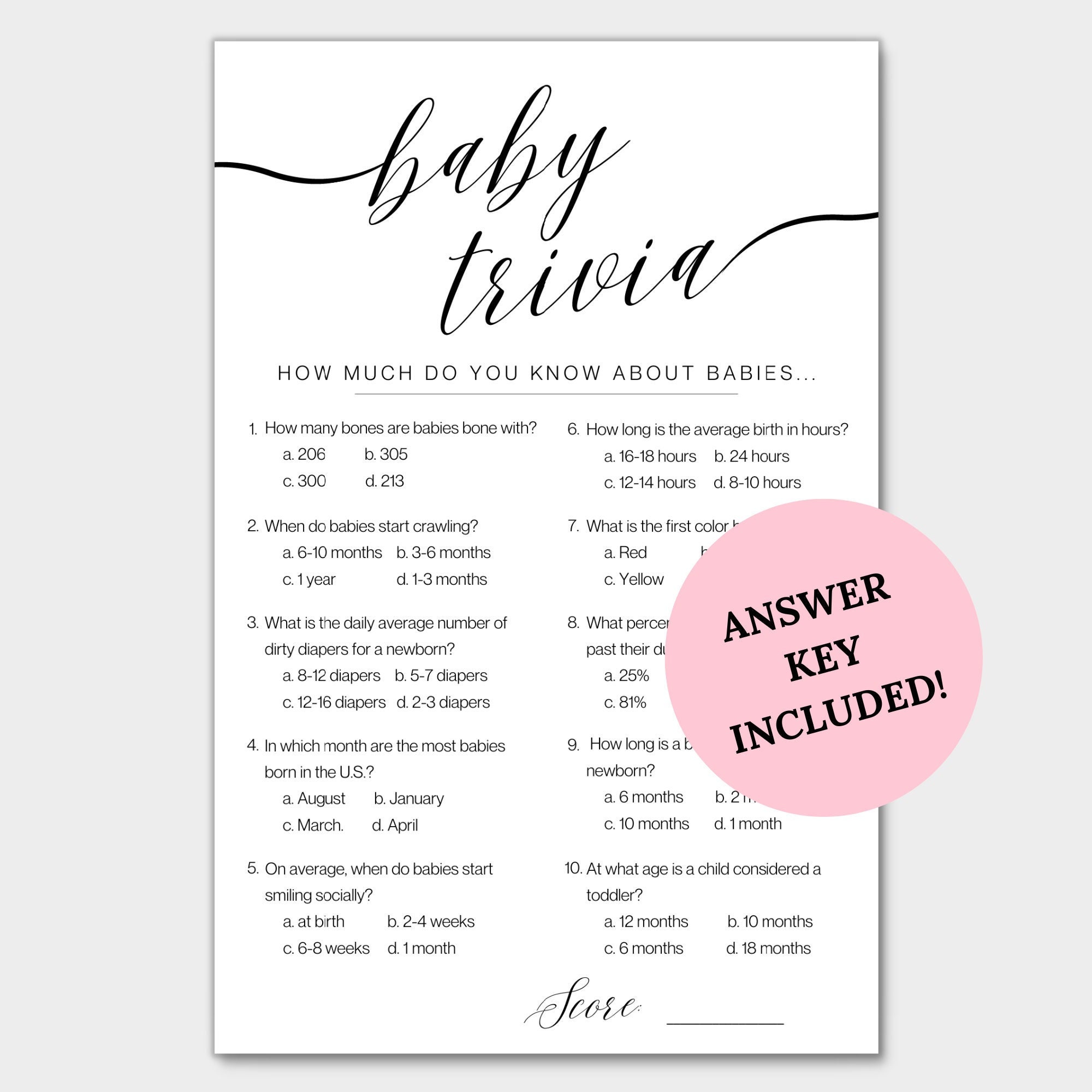 Baby Trivia Shower Game / Baby Trivia / Modern Minimalist Style Baby ...