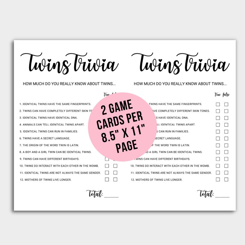 TWINS TRIVIA! Baby Shower Game True or False Game Trivia Fun Twin Quiz ...