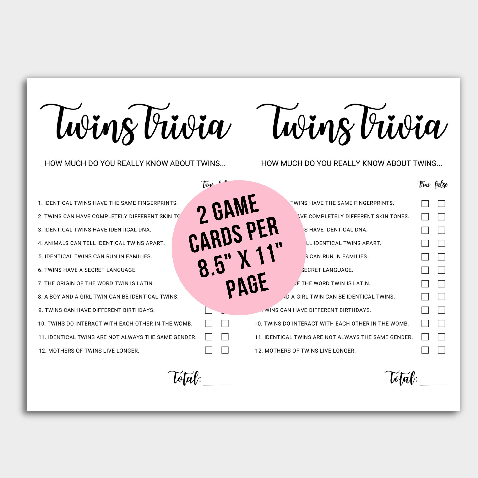 TWINS TRIVIA! Baby Shower Game True or False Game Trivia Fun Twin Quiz ...