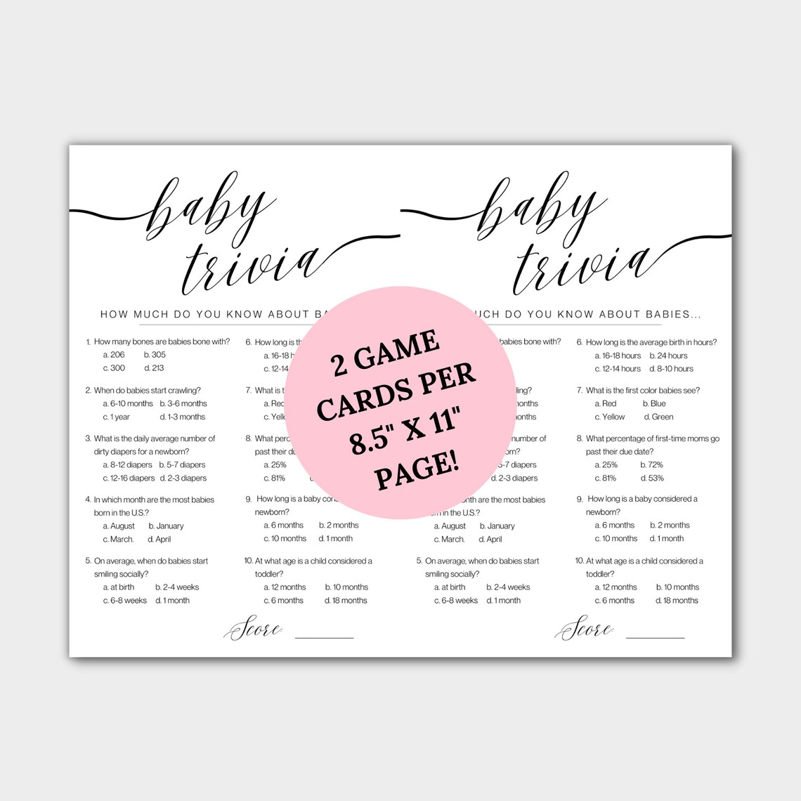 Baby Trivia Shower Game / Baby Trivia / Modern Minimalist Style Baby ...