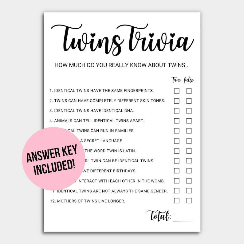 TWINS TRIVIA! Baby Shower Game True or False Game Trivia Fun Twin Quiz ...