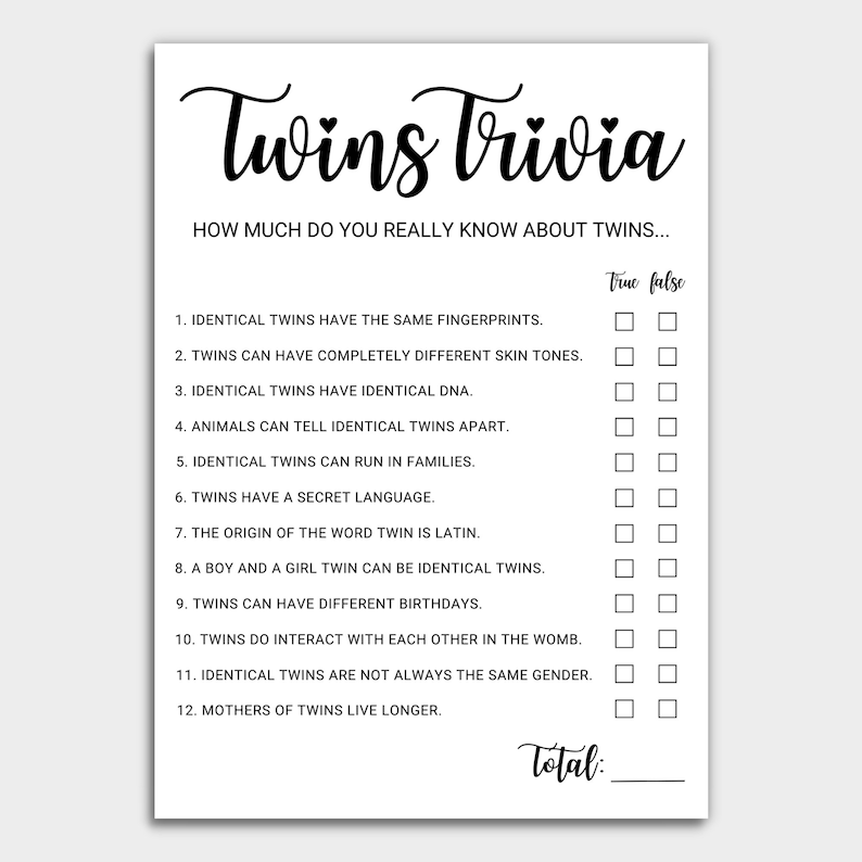 TWINS TRIVIA! Baby Shower Game True or False Game Trivia Fun Twin Quiz ...