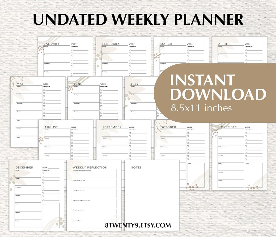 Undated Weekly Planner | Week at a Glance | Day Planner | Weekly ...