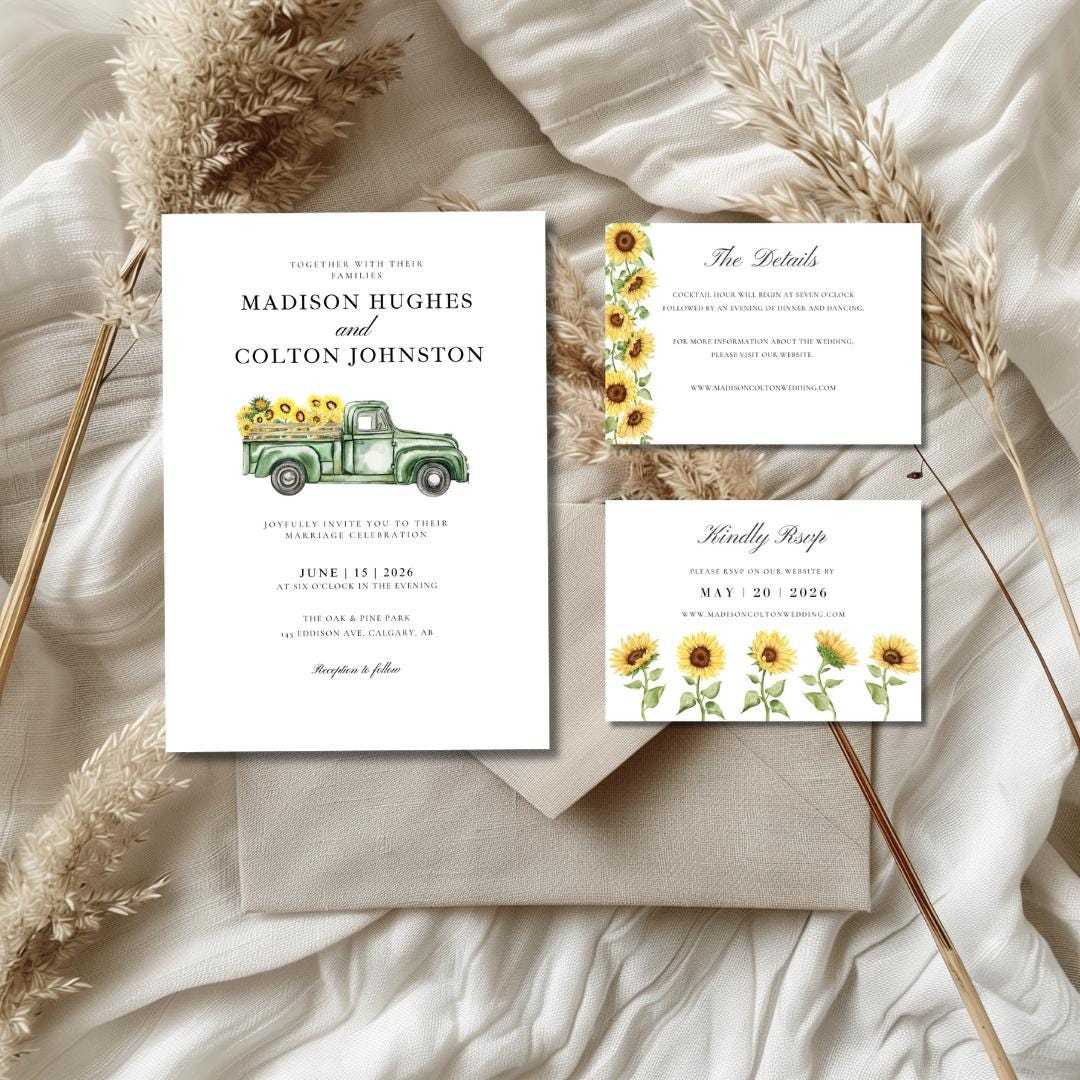 Rustic Sunflower Wedding Invitation Template | Green Truck Country ...