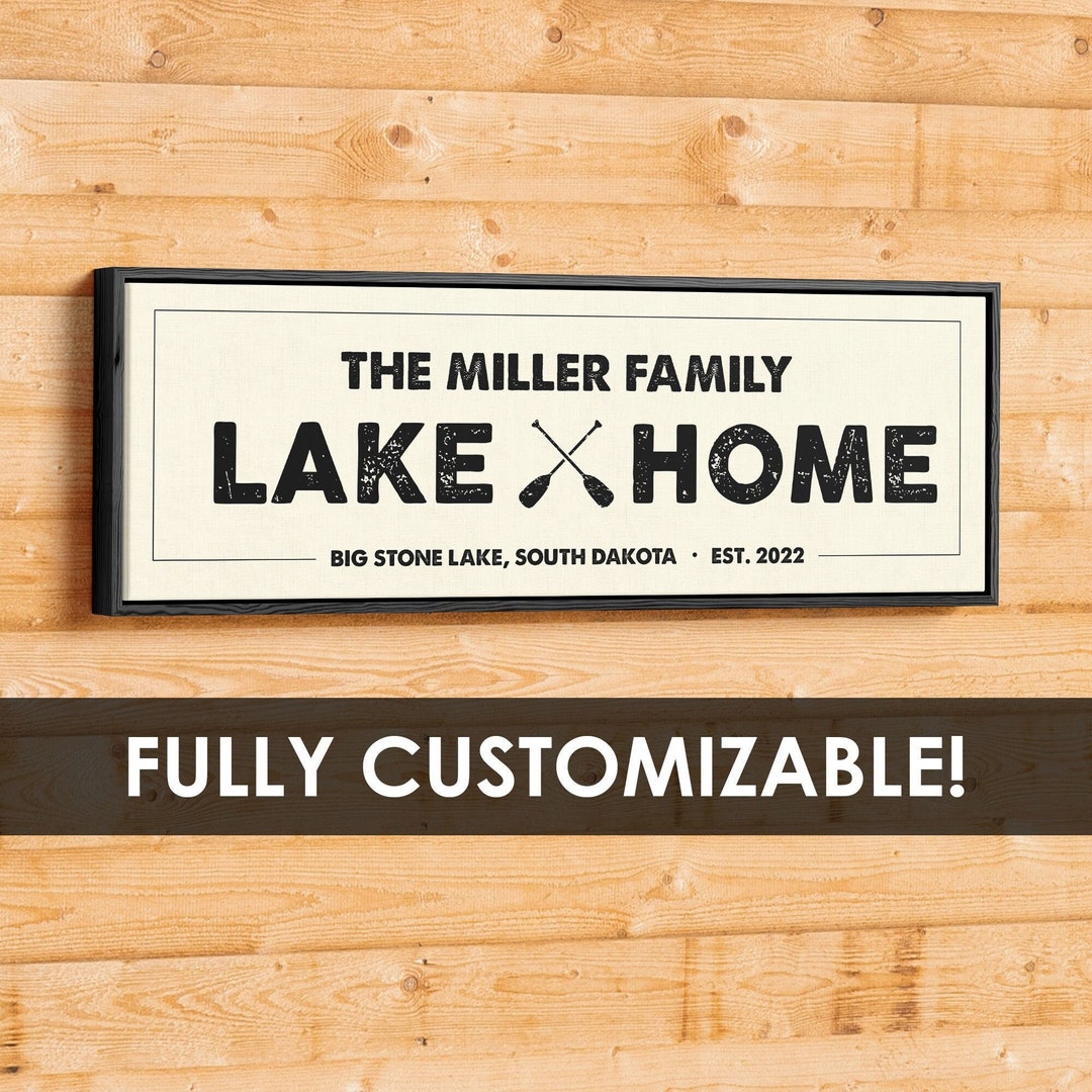 Lake Home Sign Art Framed Canvas Print • Add Any Name & Any Lake • Lake ...