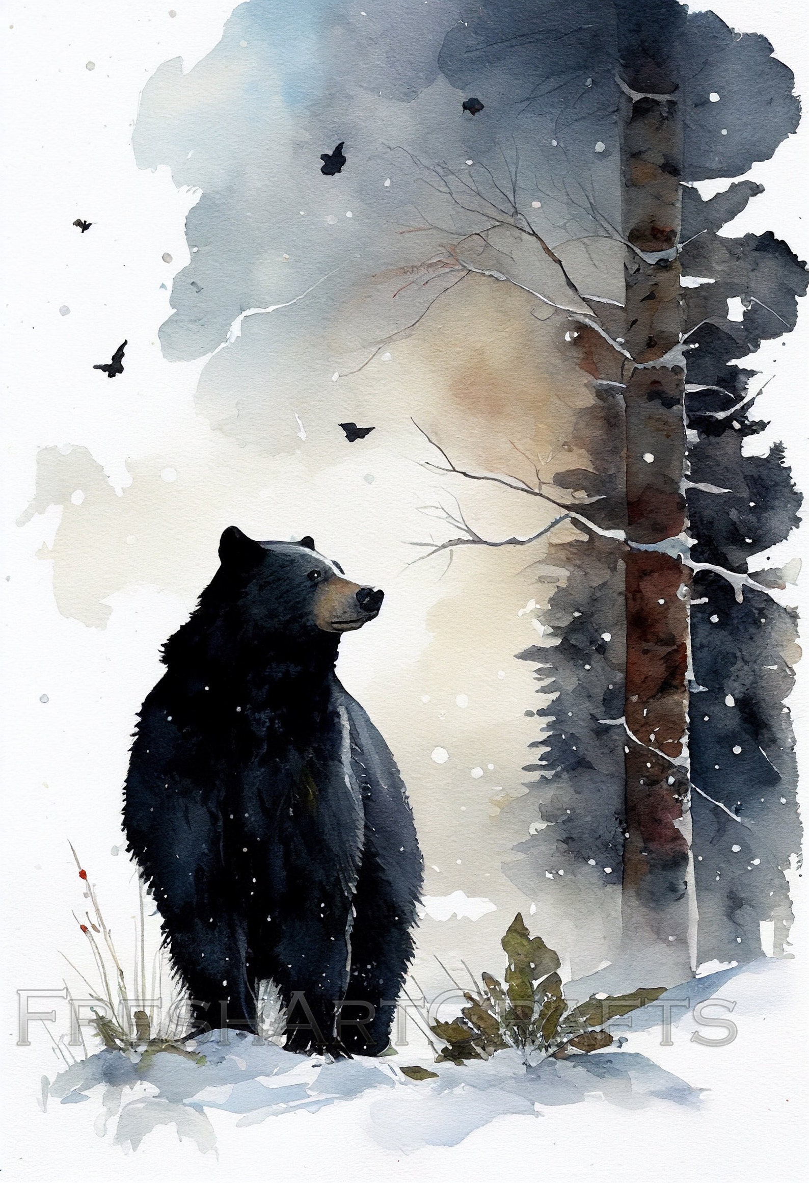 Black Bear Watercolor Art, Bear Painting, Winter Home Decor, Bear Wall ...