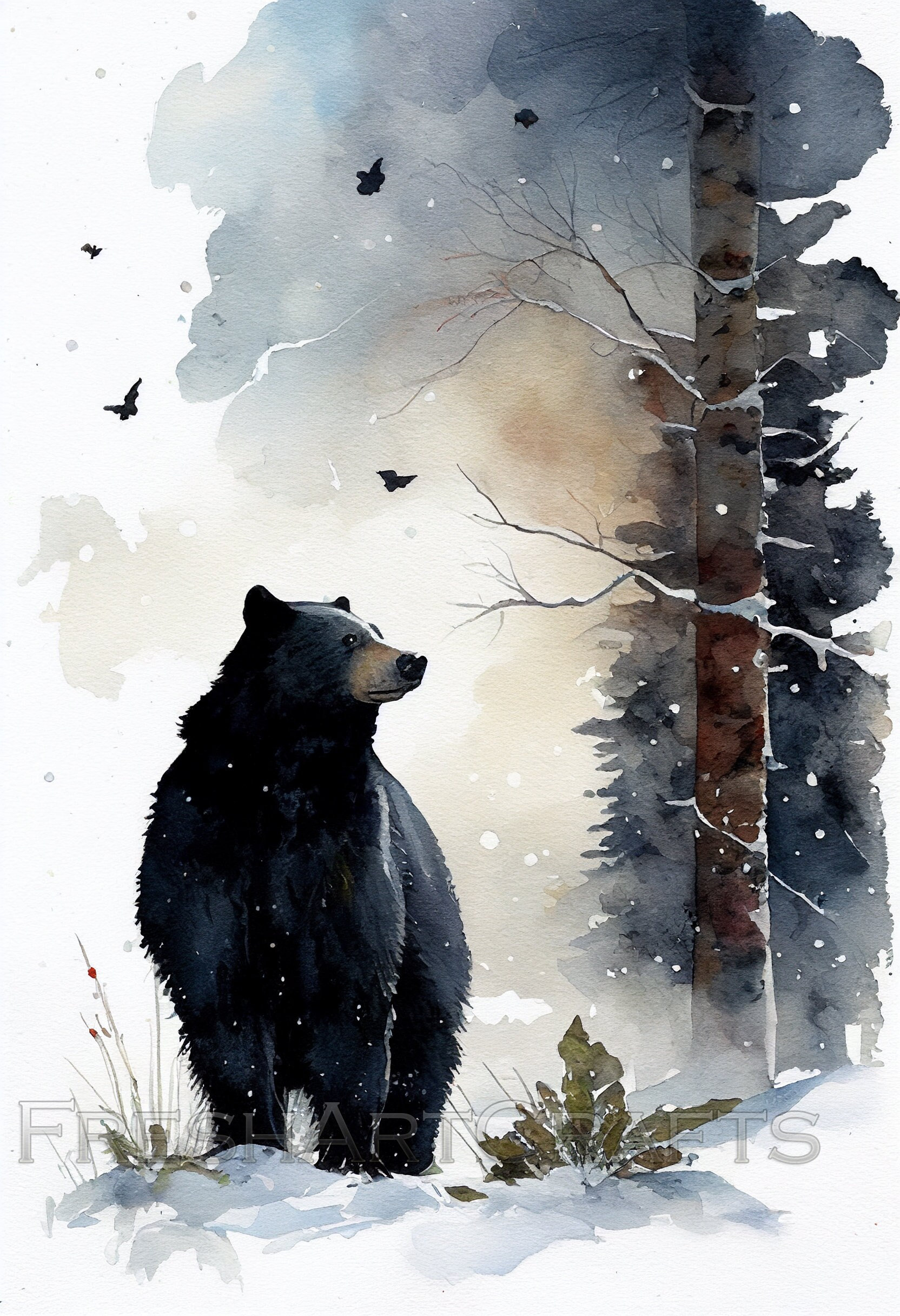 Black Bear Watercolor Art, Bear Painting, Winter Home Decor, Bear Wall ...