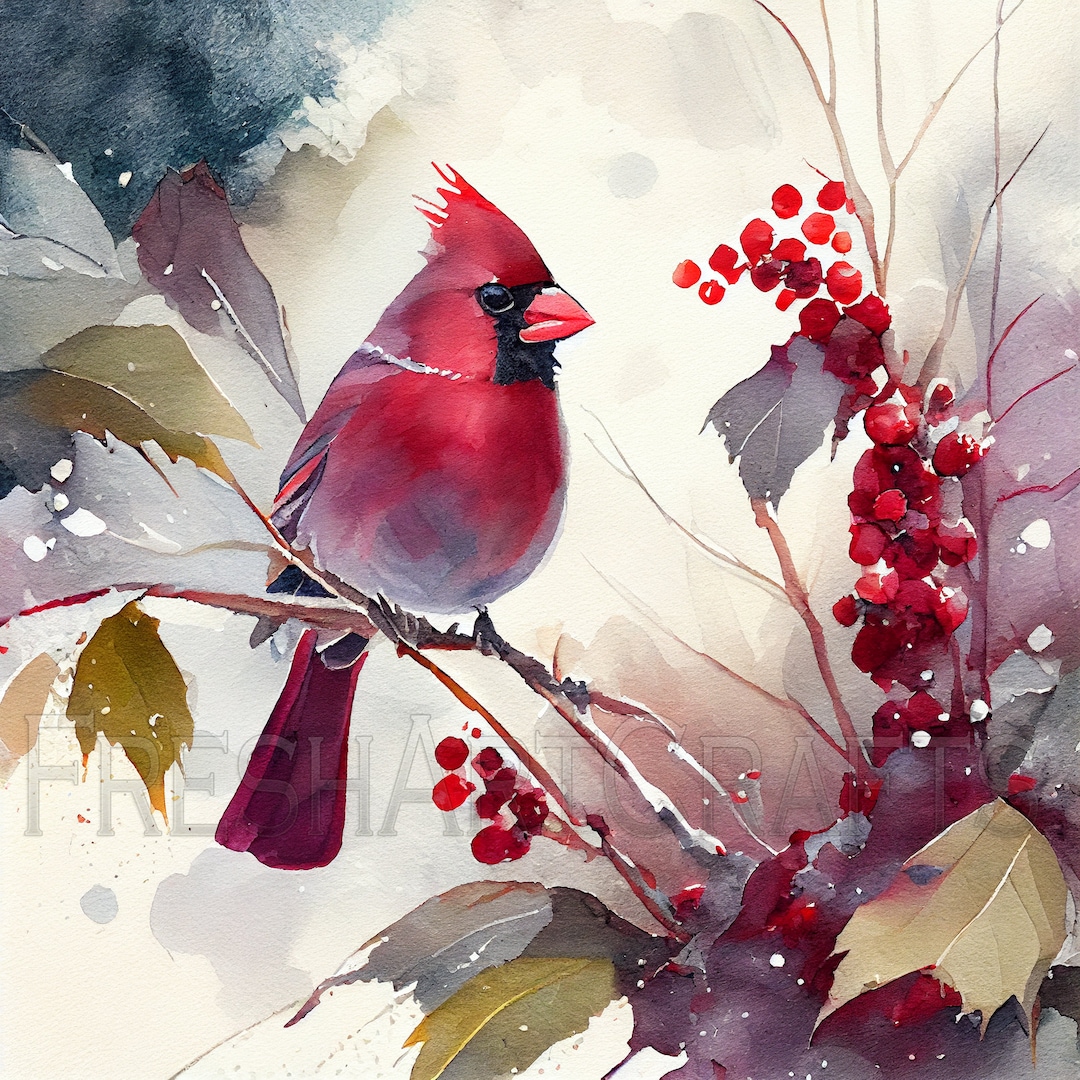 Winter Cardinal Bird Watercolor Art, Cardinal Bird Painting, Winter ...