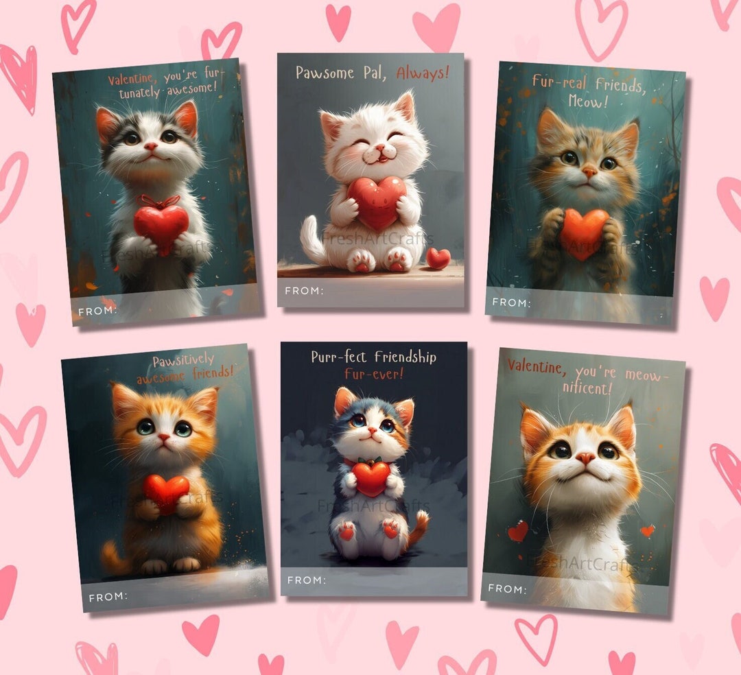 Printable Cat Valentines Day Cards, Classroom Valentine's Day Cards for ...