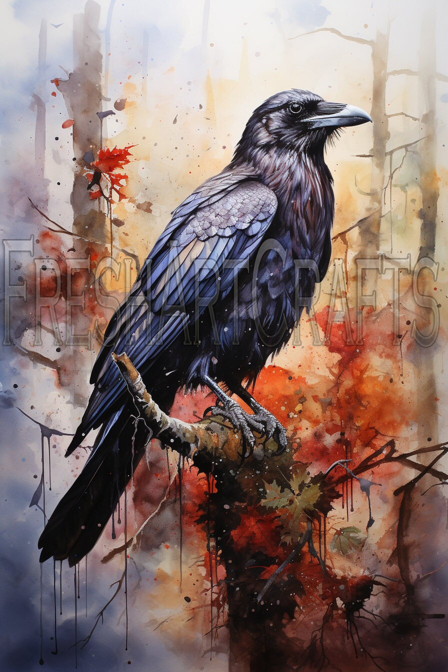Raven Watercolor Art, Raven Drawing, Bird Painting, Raven Wall Decor ...