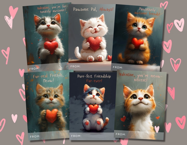 Printable Cat Valentines Day Cards, Classroom Valentine's Day Cards for ...