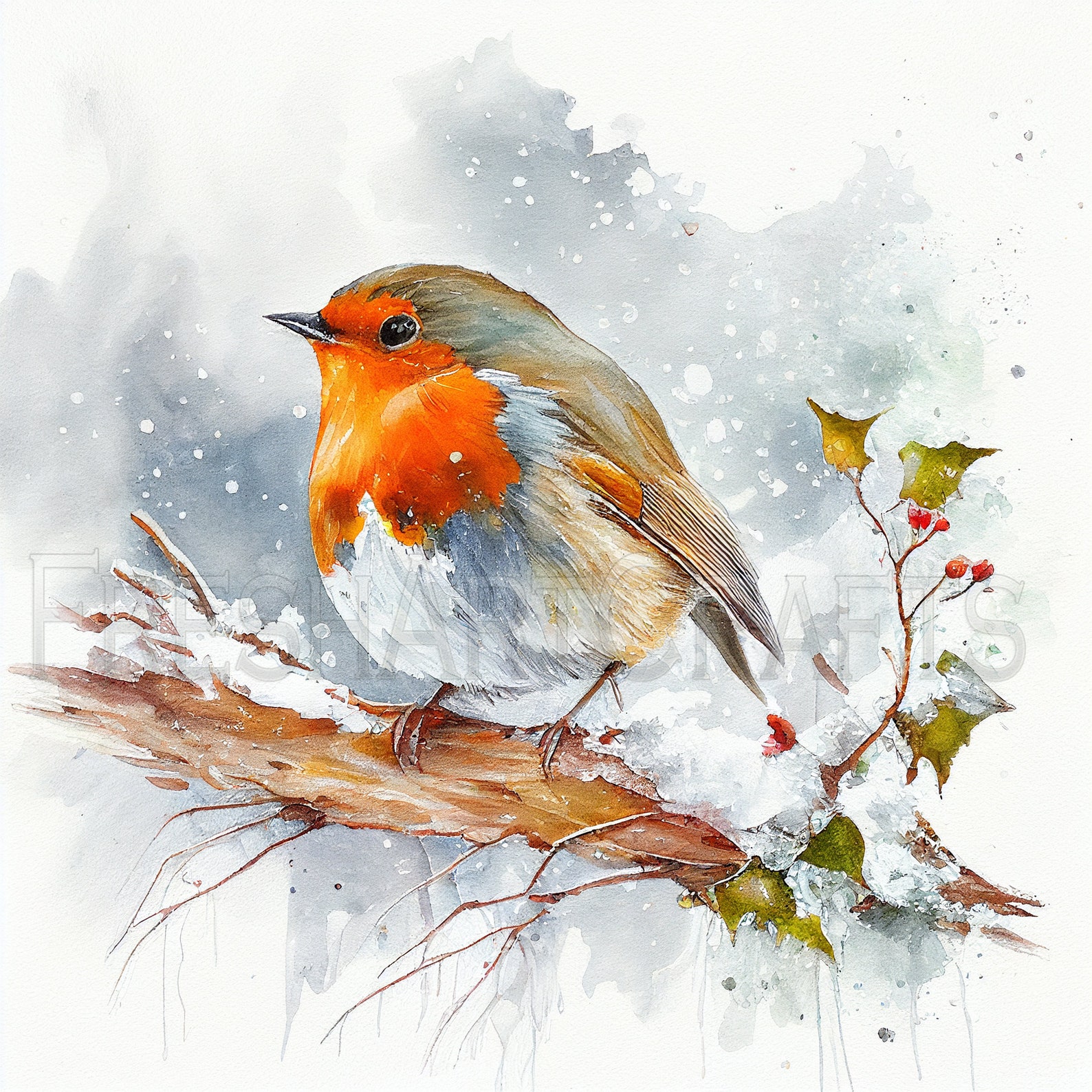 Winter Robin Watercolor Art, Bird Painting, Winter Home Decor, Bird ...