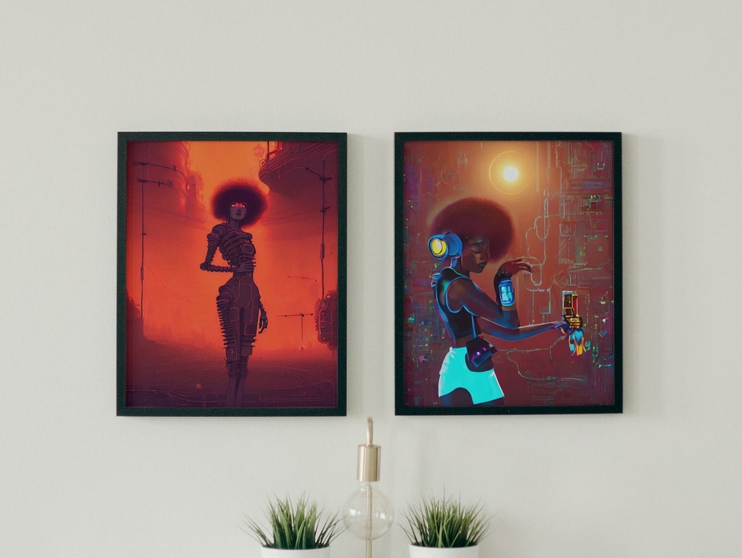 Futuristic Modern Vaporwave Set of 2 Wall Art Prints African Girl Robot ...