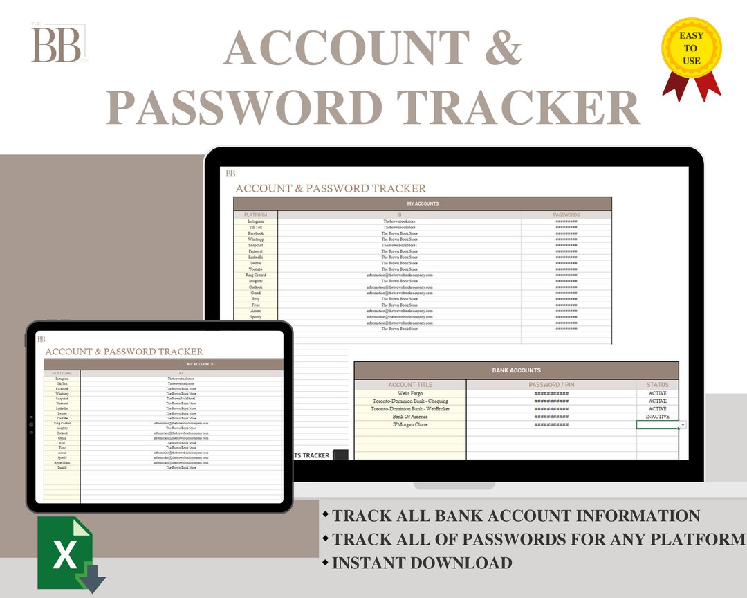 Accounts and Password Tracker | Bank Account Tracker | Password ...