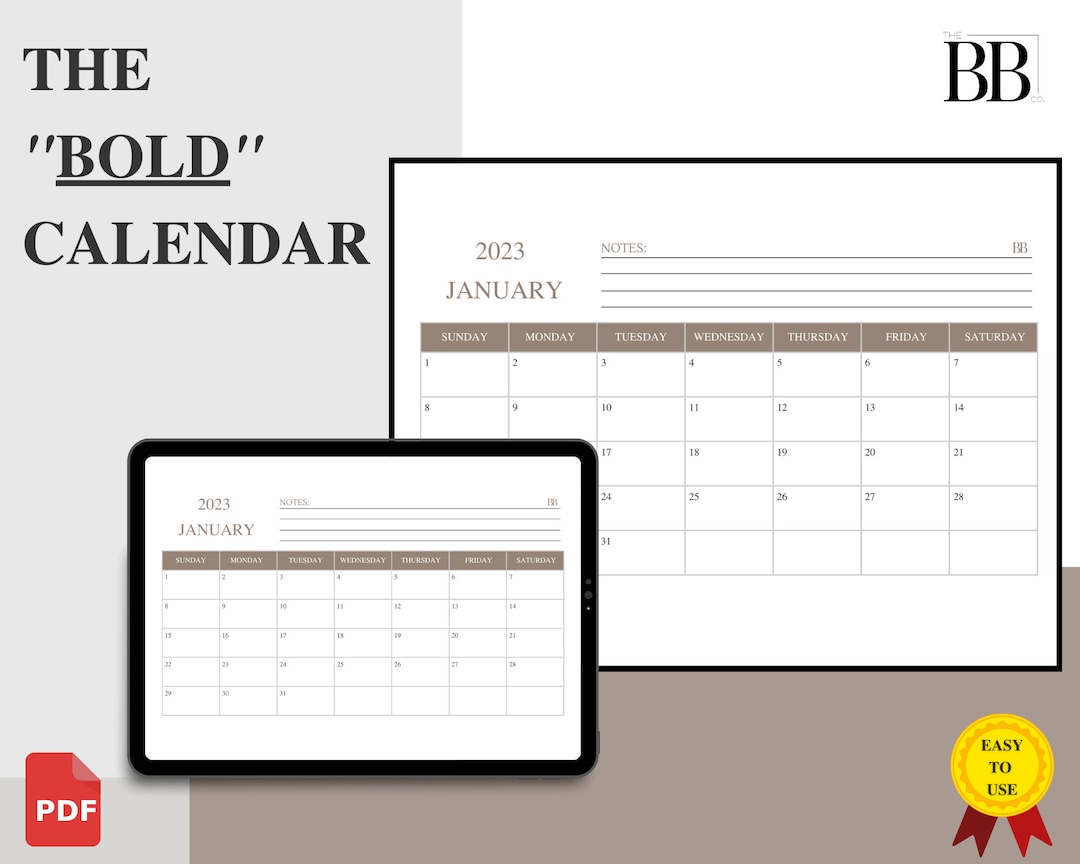2023 Printable Bold Calendar Modern Calendar Blank Calendar - Etsy