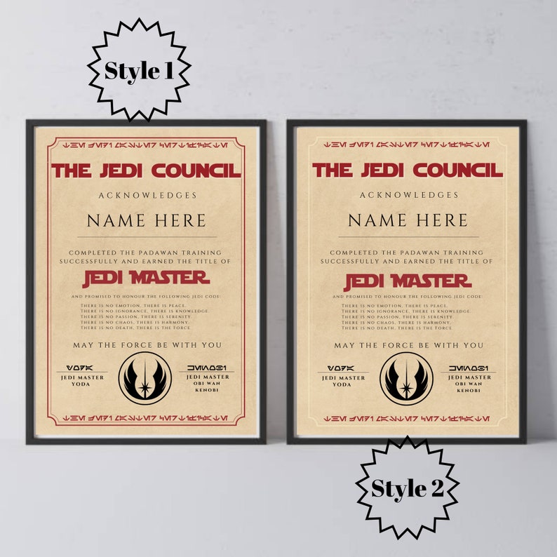 Printable Jedi Master Certificate, Star Wars Gift, Star Wars Custom ...