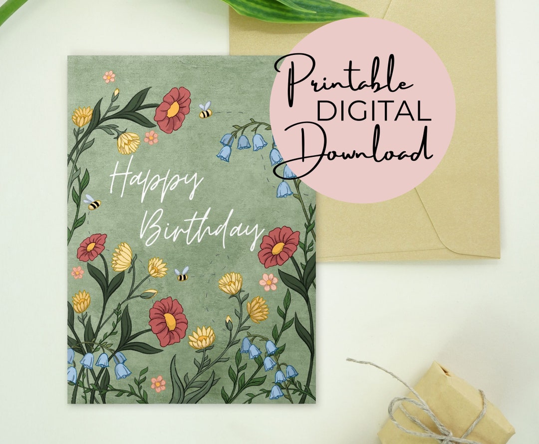 Printable Floral Happy Birthday Card Printable Spring Flowers Birthday ...