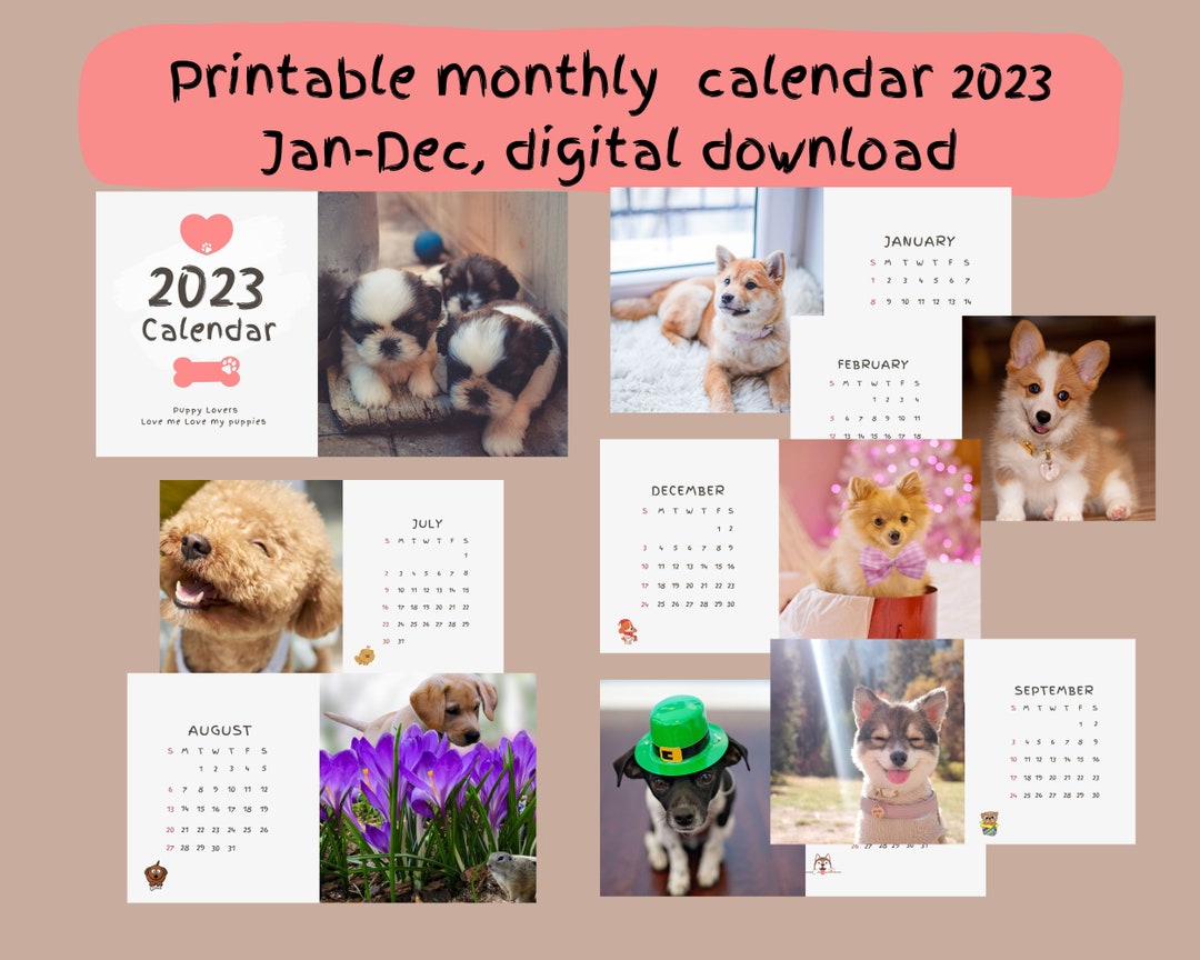 Puppy Monthly Calendar 2023 Printable Digital Dog Calendar - Etsy