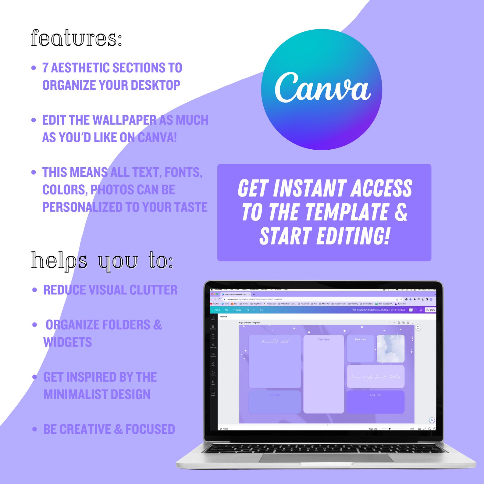 Purple Desktop Wallpaper Organizer, EDITABLE in Canva / Computer ...