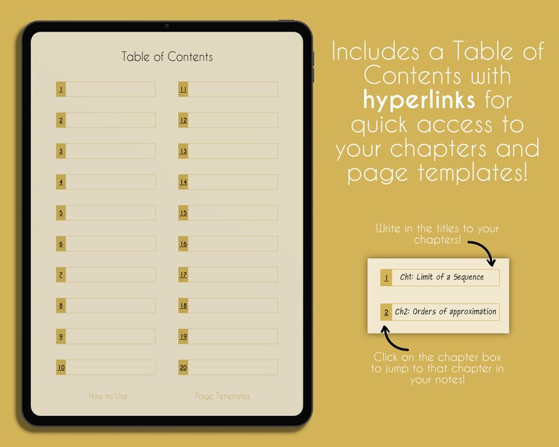 1 Subject Digital Notebook, Table of Contents, Yellow College Ruled ...