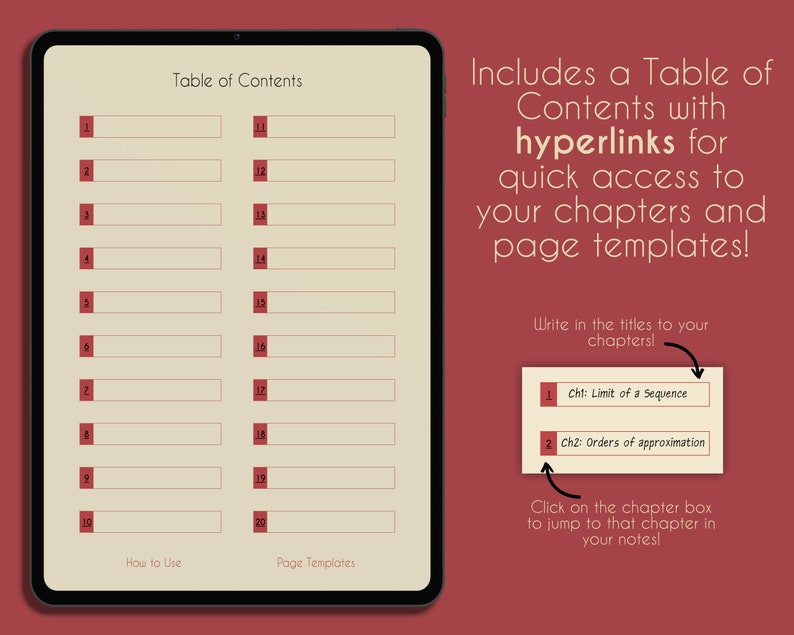 1 Subject Digital Notebook, Table of Contents, Red College Ruled ...