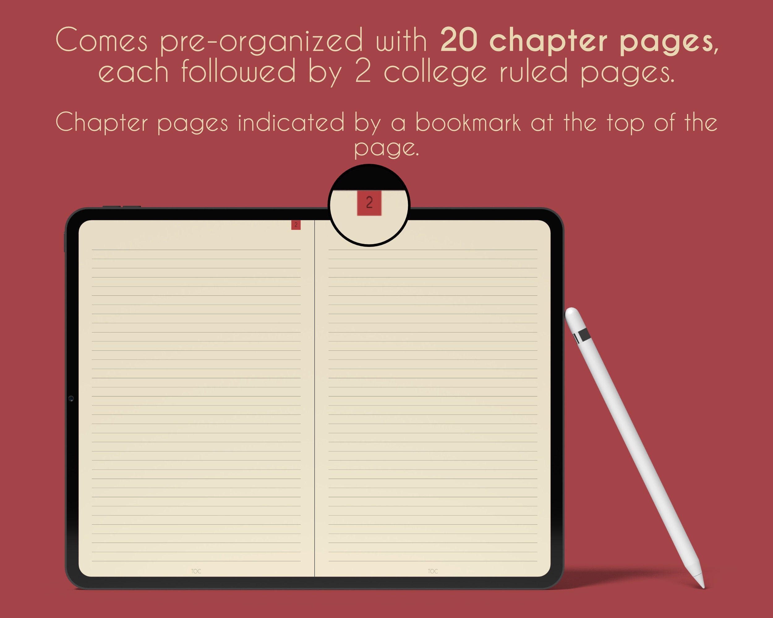 1 Subject Digital Notebook, Table of Contents, Red College Ruled ...