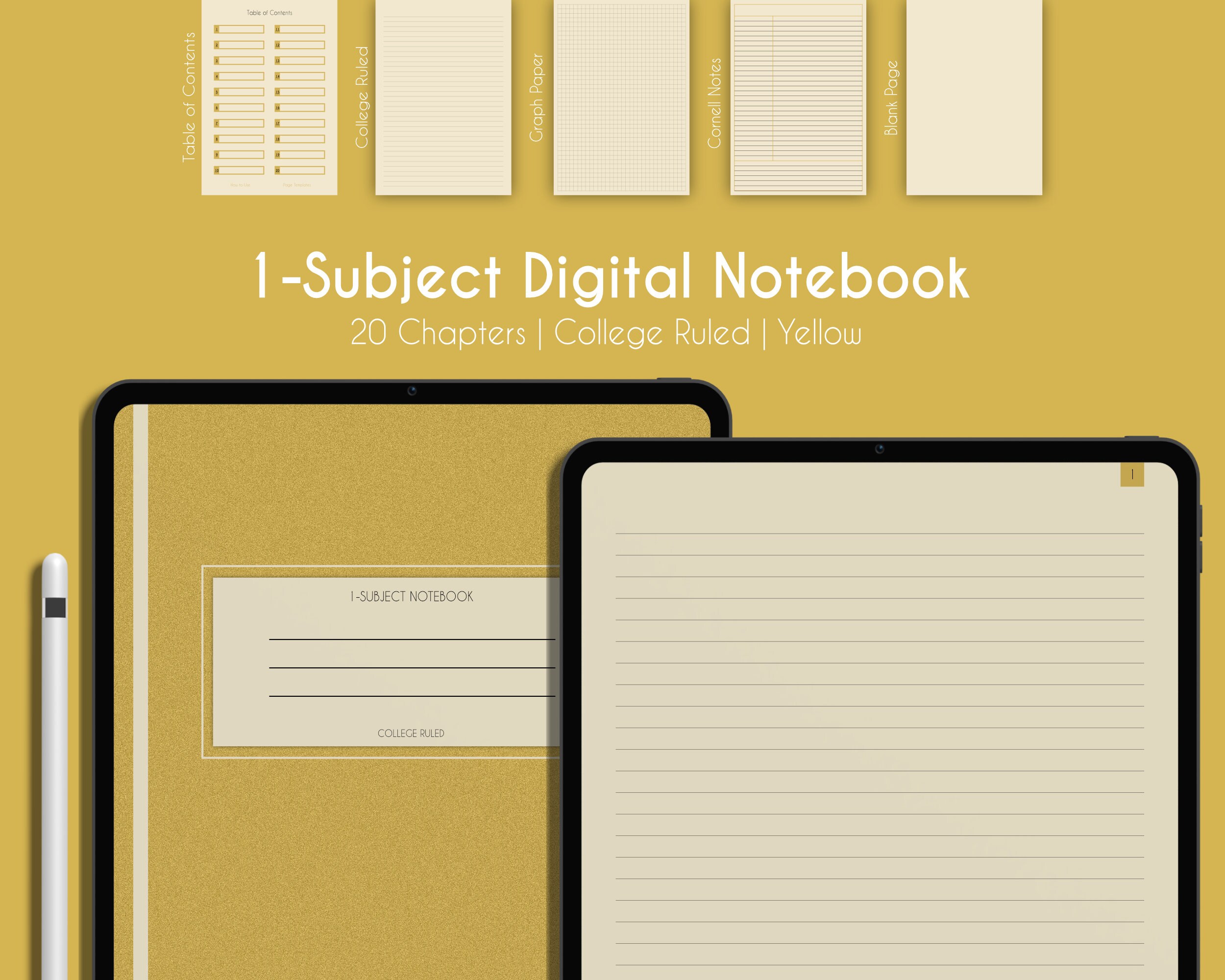 1 Subject Digital Notebook, Table of Contents, Yellow College Ruled ...