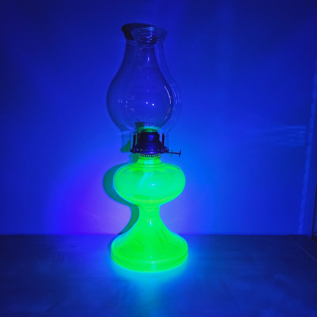 Antique Uranium Green Glass Kerosene Oil Lamp, Glowing Uranium Glass ...
