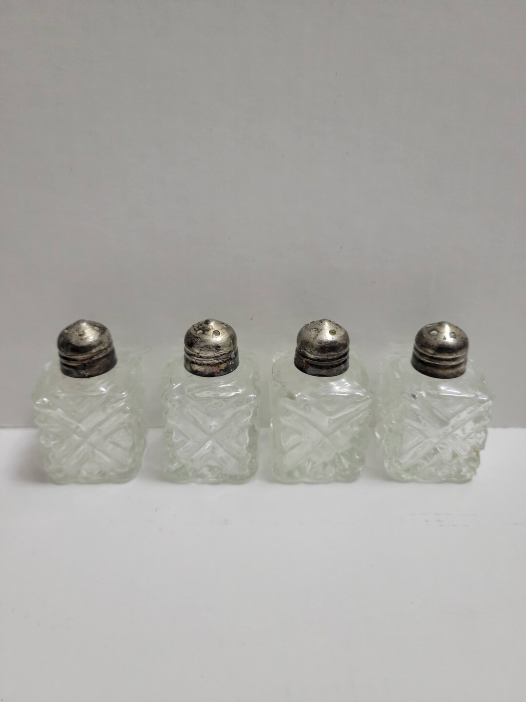 Vintage Cut Crystal Glass Miniature Salt and Pepper Shaker With Silver ...