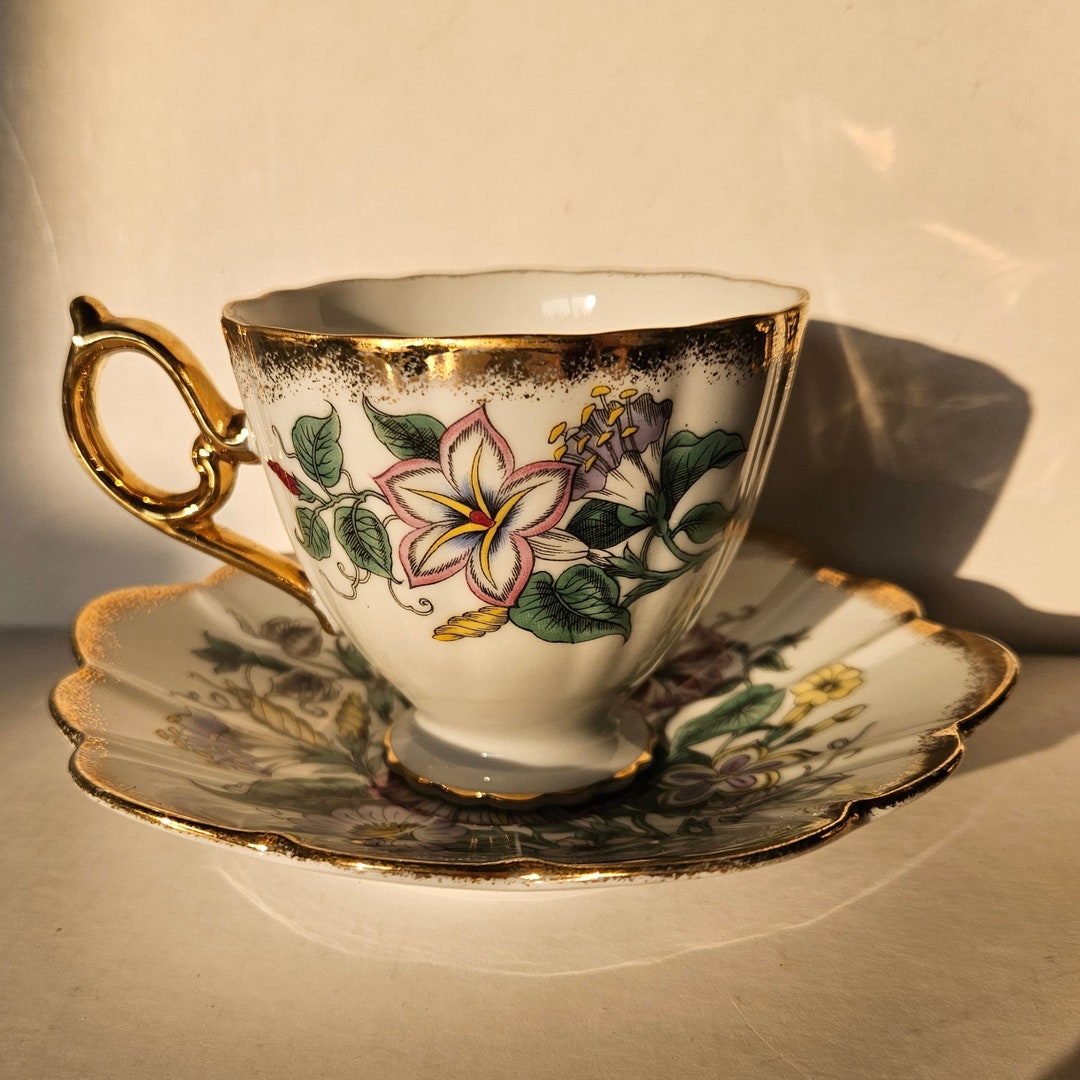 Vintage Shafford Floral Teacup and Saucer, Japan Fine Bone China, Gold ...